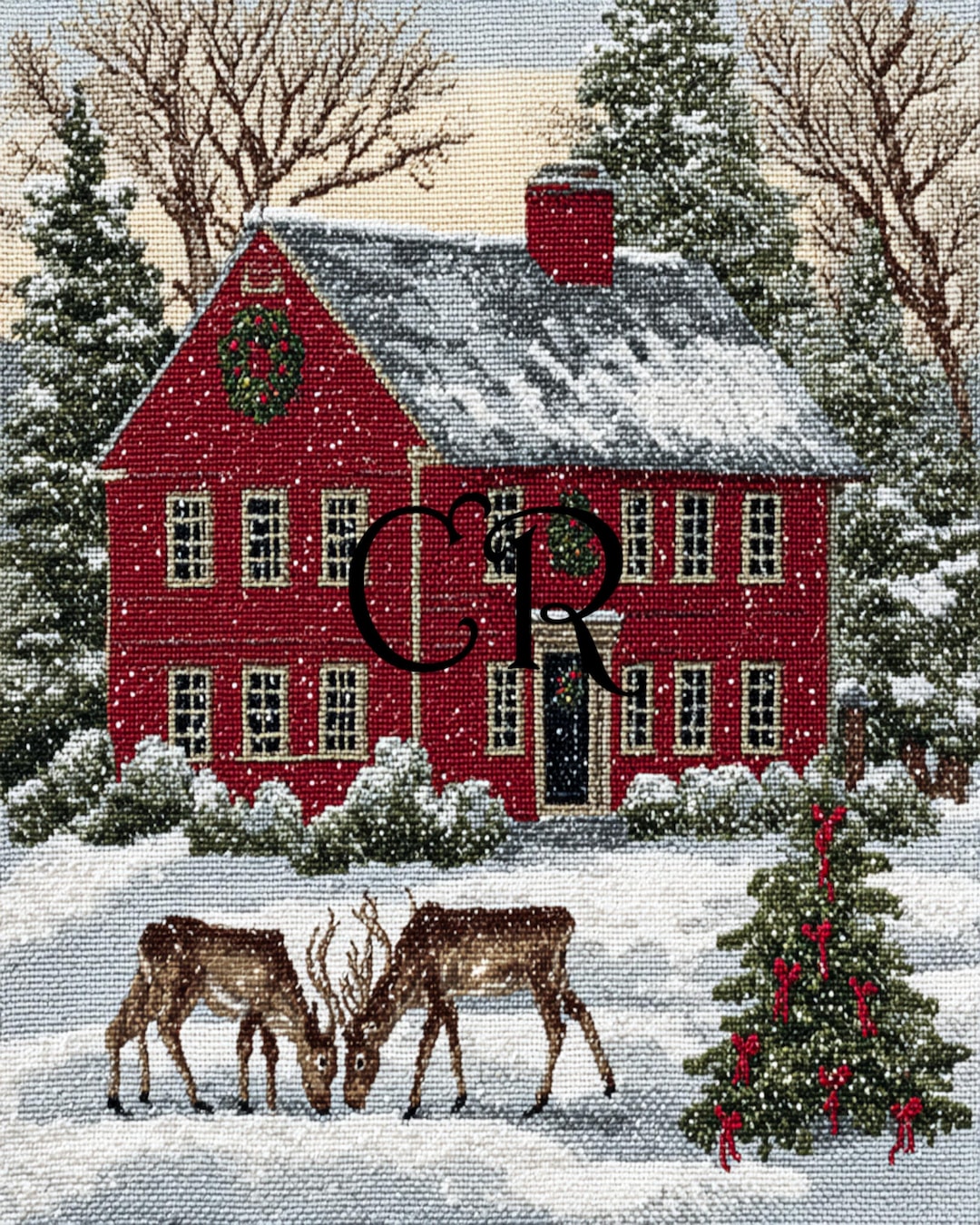 Vintage Christmas Saltbox House With Reindeer Digital Art (printable ...