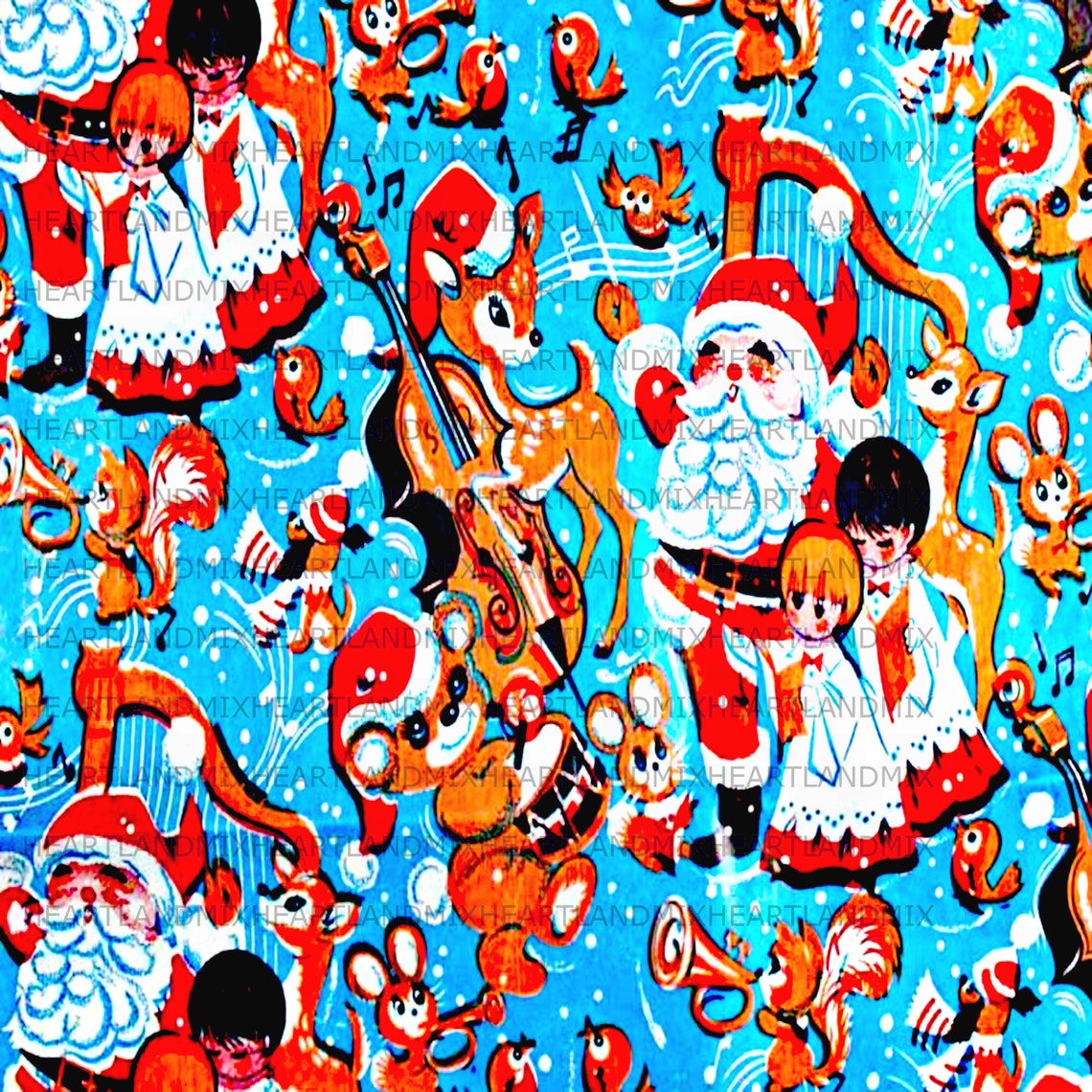 Santa Reindeer Blue Vintage Christmas Wrapping Paper Digital - Etsy