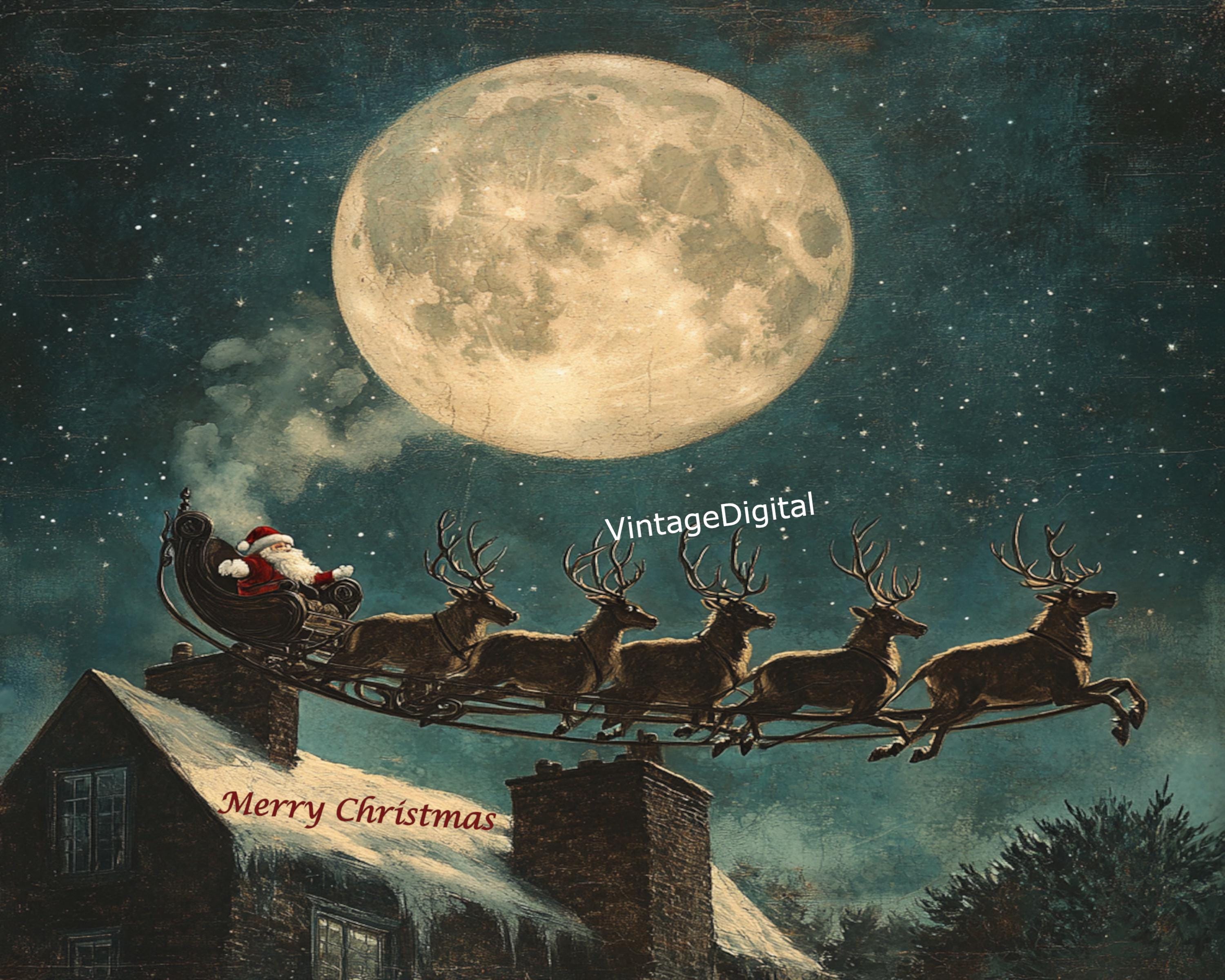 Vintage Flying Santa With Reindeer Christmas Eve Image (digital ...