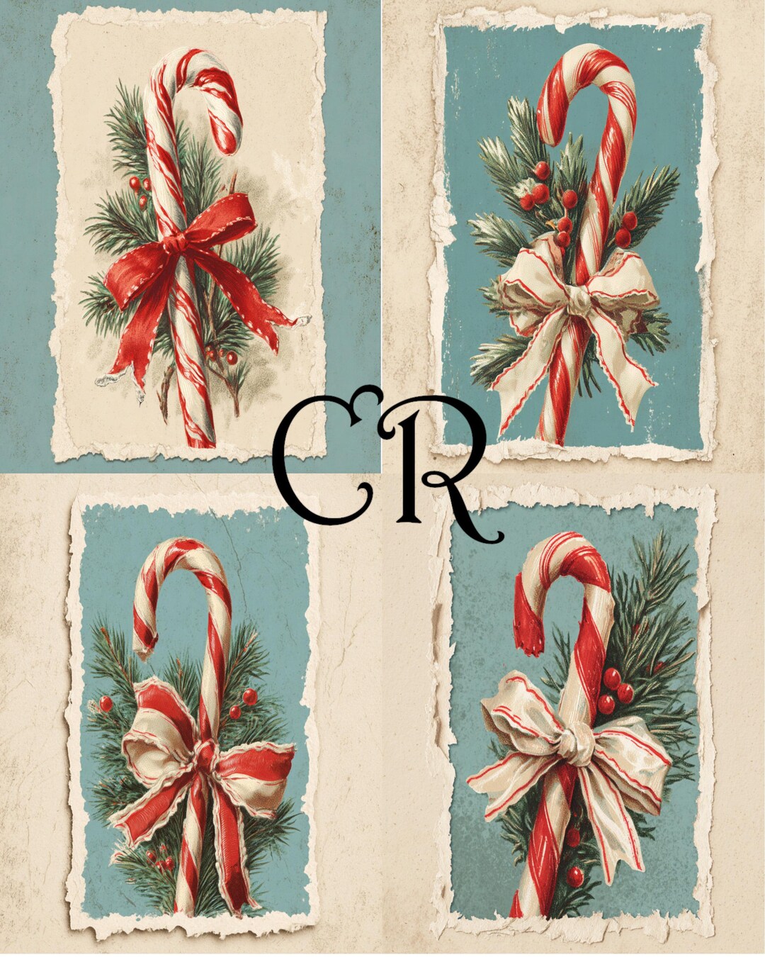 Four Retro Candy Cane Labels DIGITAL Image Illustration DOWNLOADS ...