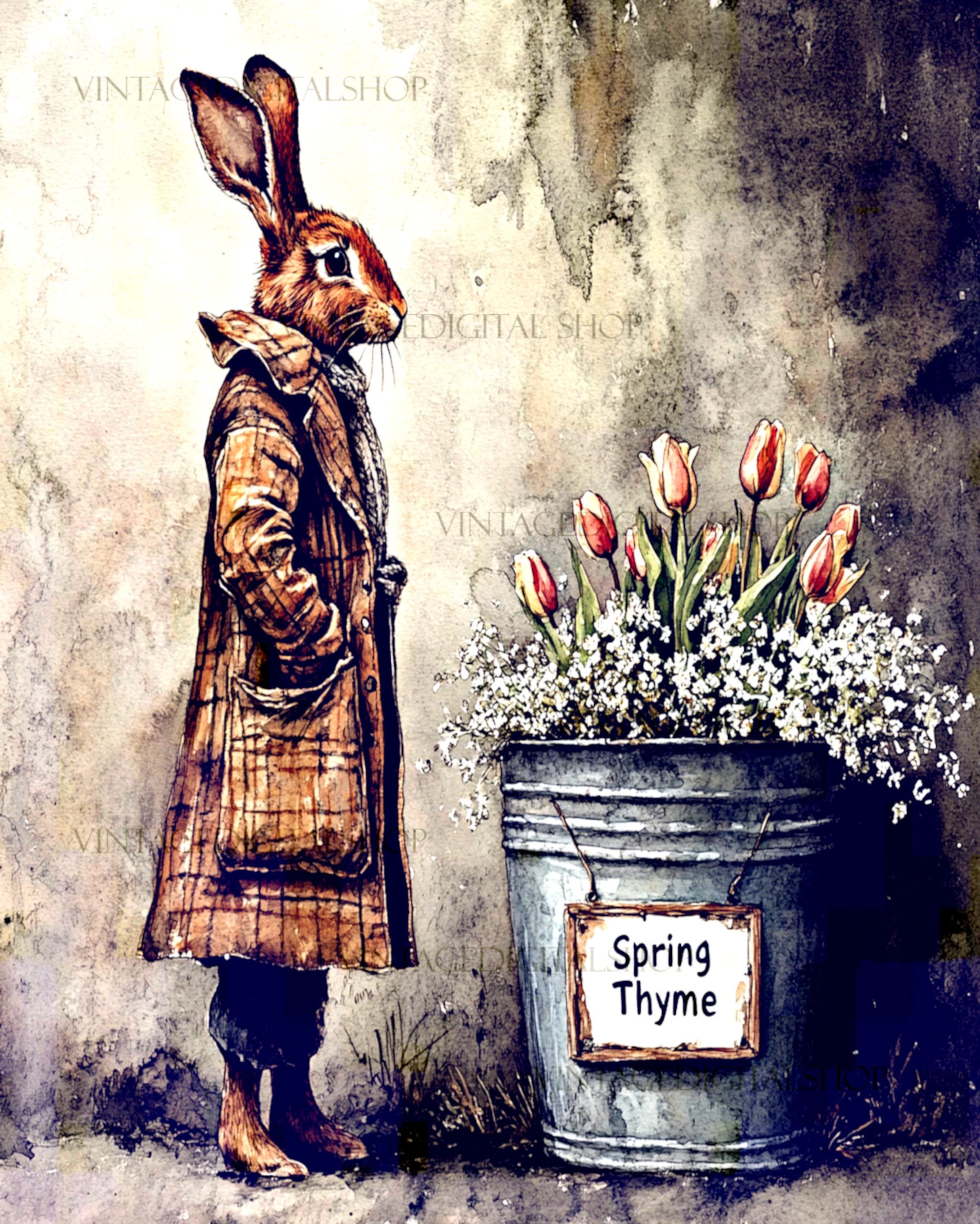 Vintage Country Hare Spring Thyme Tulips Digital Image Download ...