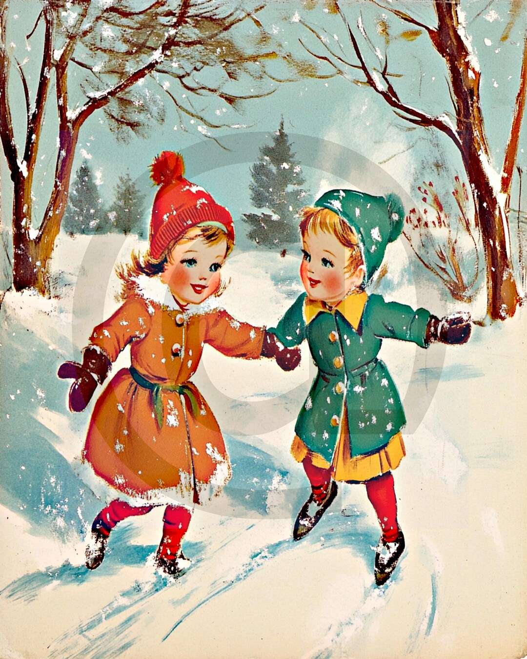Vintage Mid-century Retro Children Having Winter Fun Wall Art Digital ...