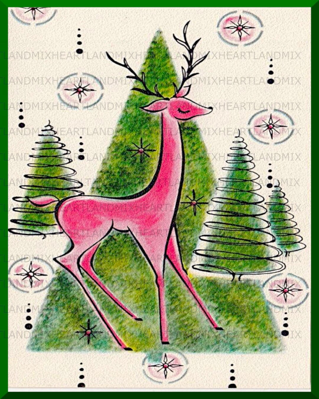 Retro Vintage Christmas Pink Deer Digital Image Wall Art/gift Tags ...