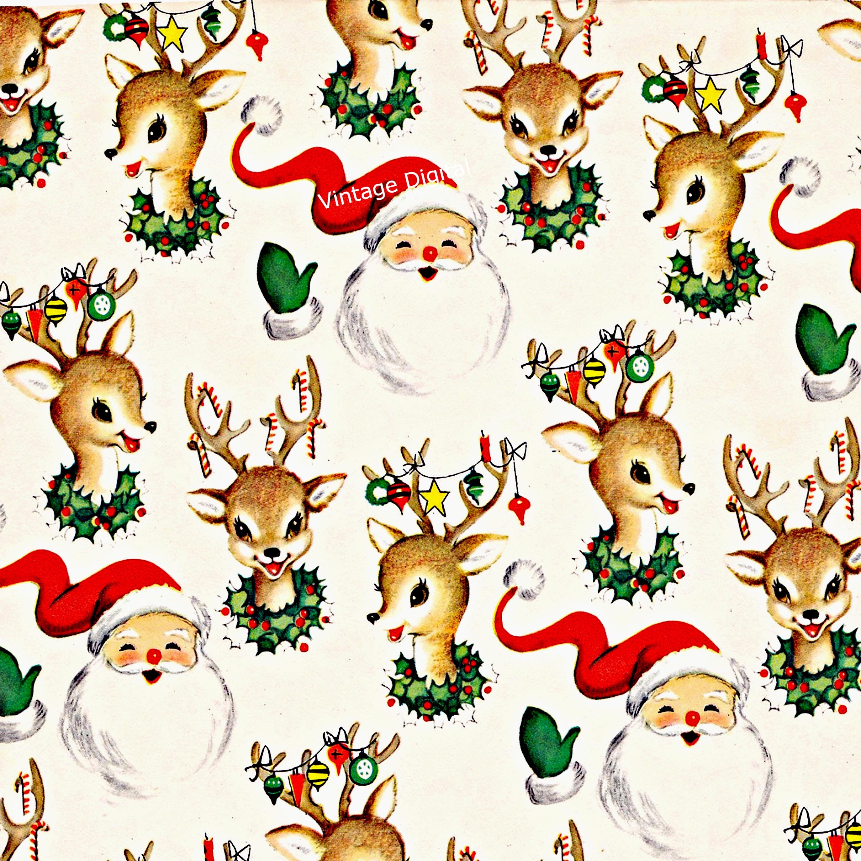 Santa and Reindeer Vintage Christmas Paper Digital Image Wallpaper ...
