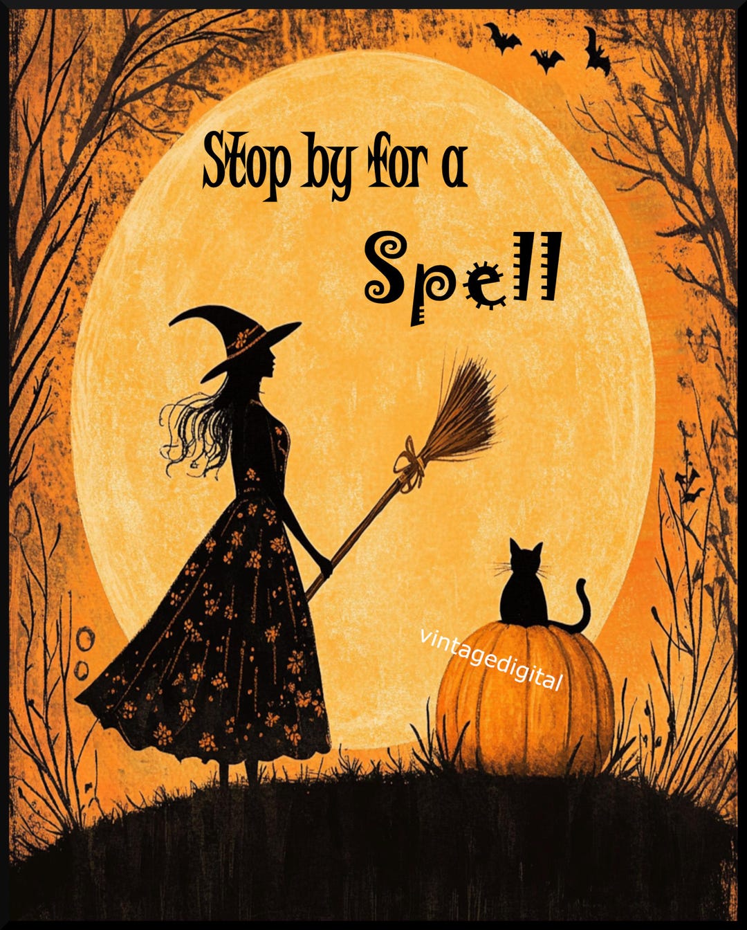 Vintage Digital Halloween WITCH Folk Art Illustration Image Download ...
