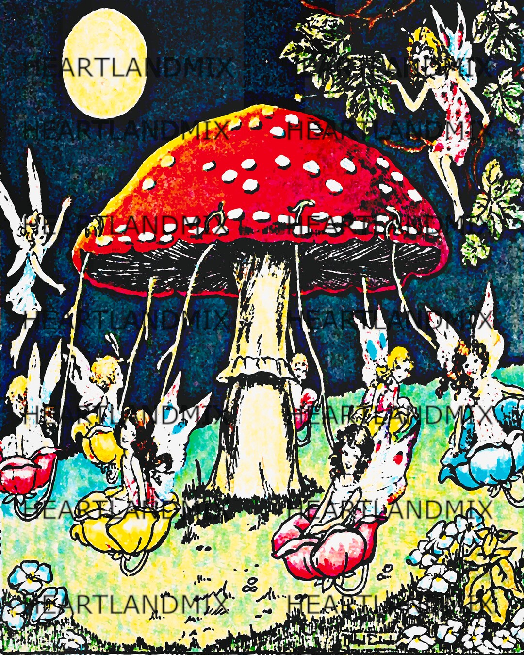 Vintage Red Cap Mushroom Fairies Carousel Digital Image Download ...