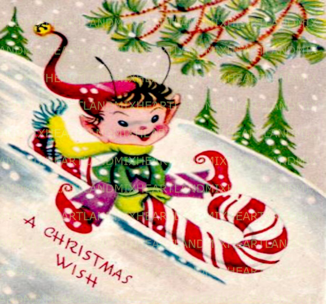 Vintage Christmas Image Digital Download Printable Elf Sledding on a ...
