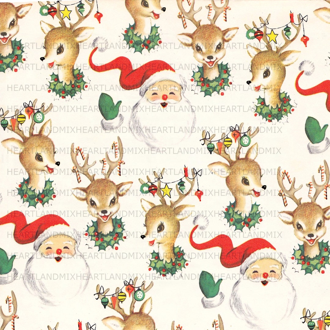 Santa and Reindeer Vintage Christmas Paper Digital Image Wallpaper ...