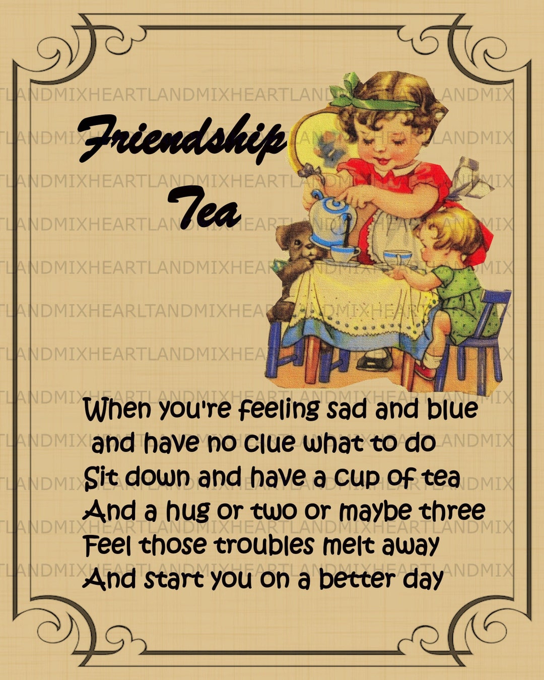 Vintage Friendship Tea Poem Wall Decor Print Home Decor Wall Art ...