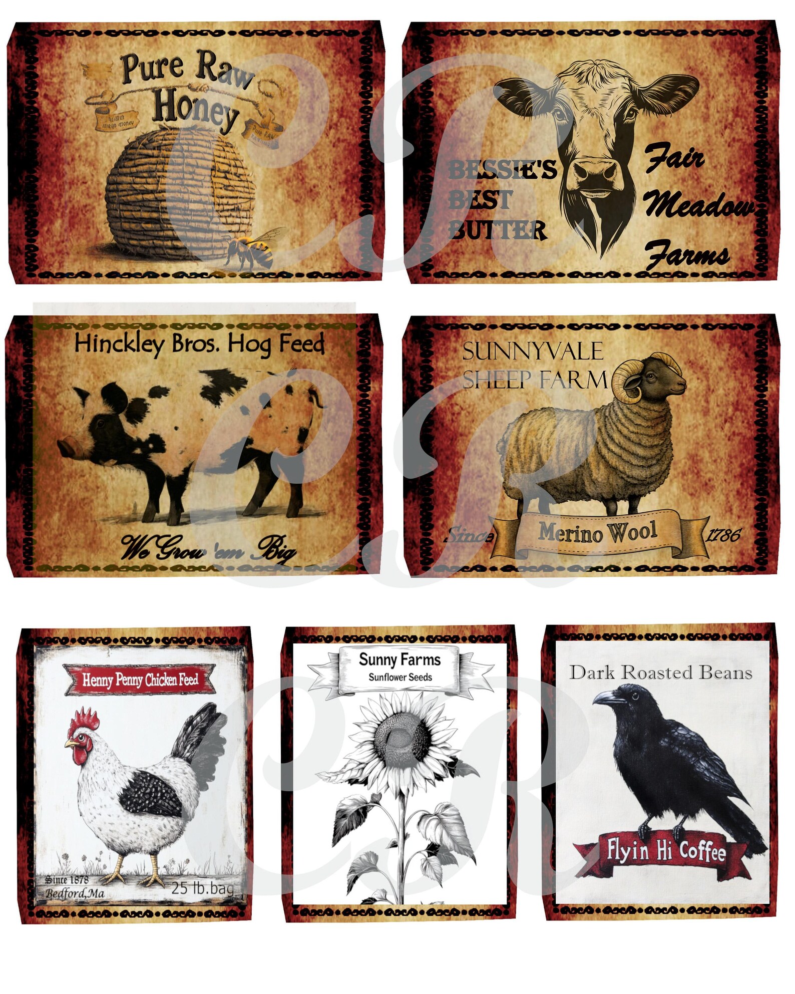 Vintage Farmhouse Primitive Farm Labels DIGITAL Image Illustration ...