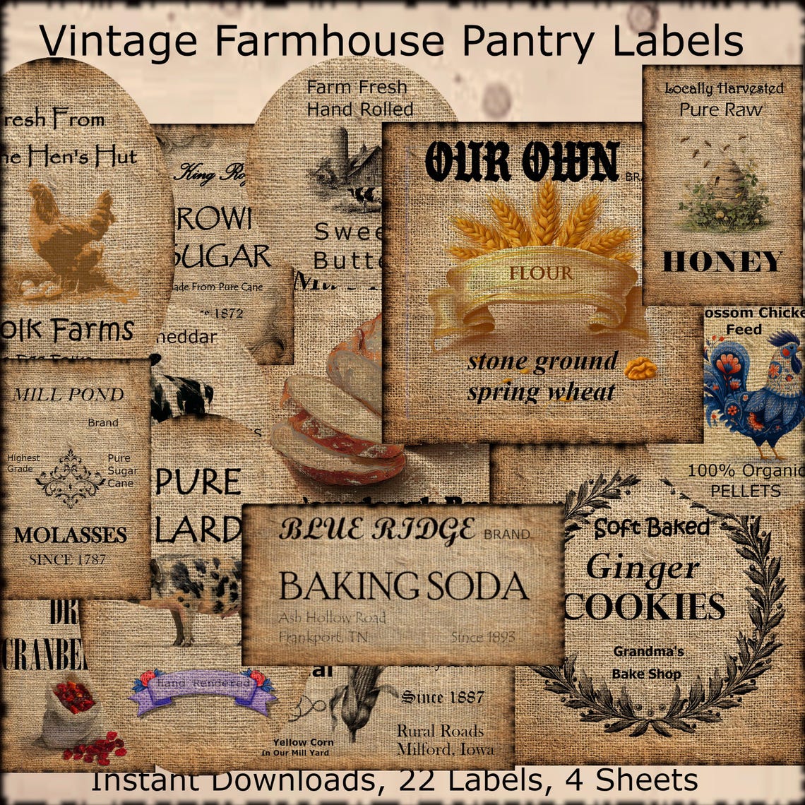 SET of 22 Vintage Burlap Farmhouse Primitive Panty Labels DIGITAL Image ...