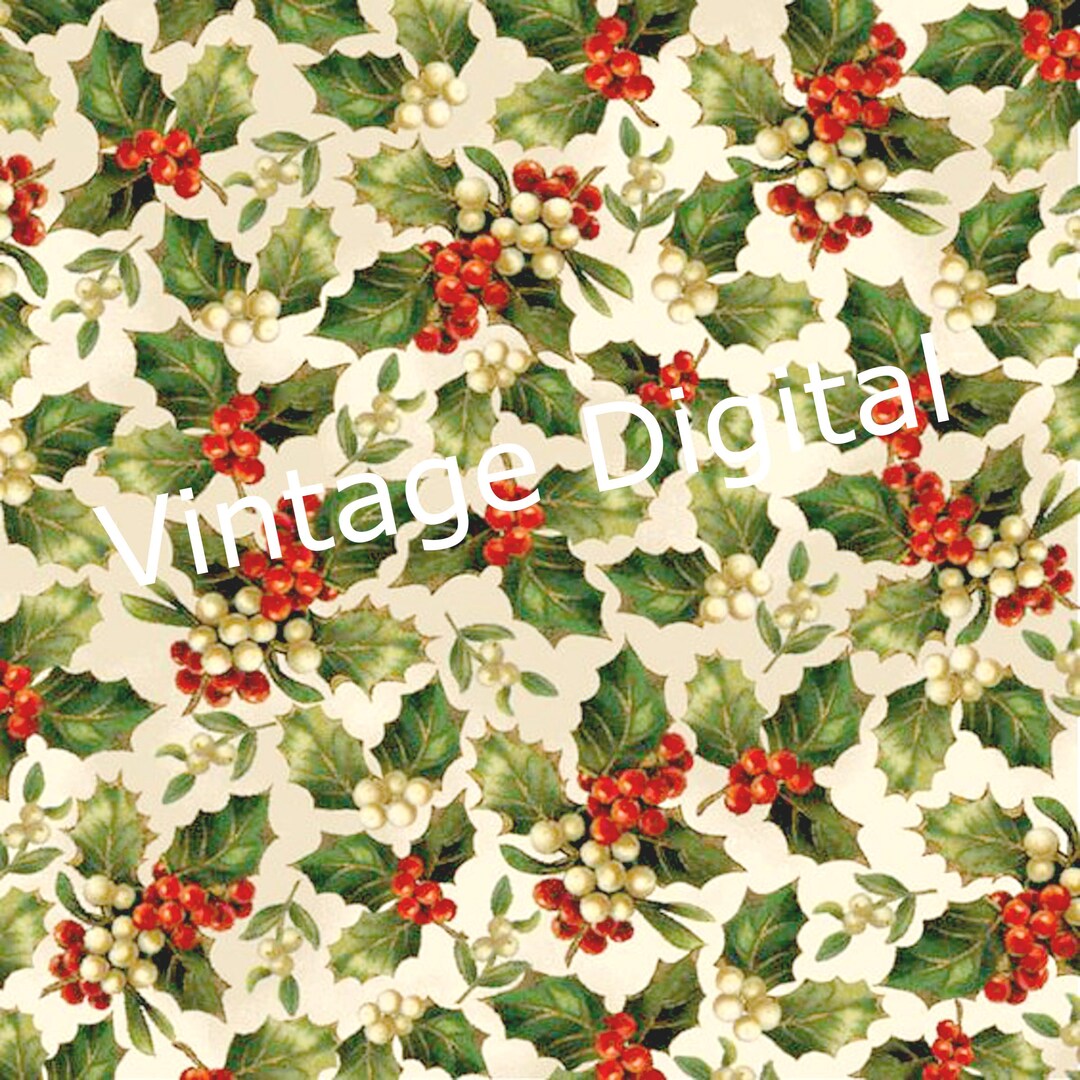 Vintage Mistletoe and Holly Christmas Wrapping Paper Digital Image ...