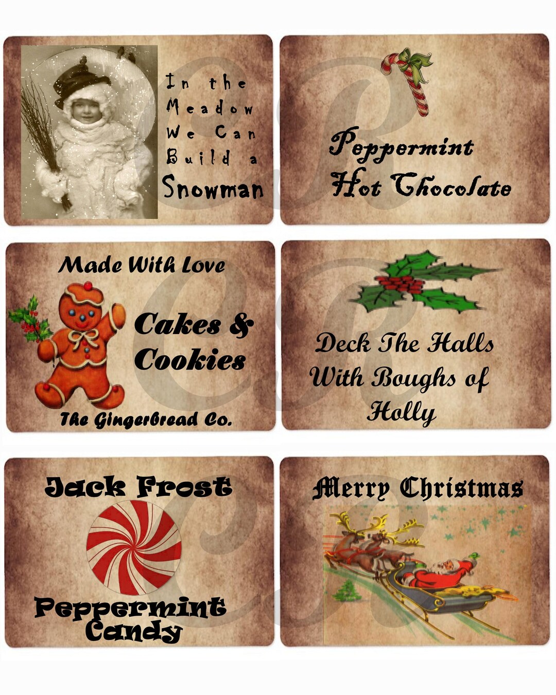 Set of 6 Vintage Christmas Labels, Gift Tags, Scrapbooking, Journal ...