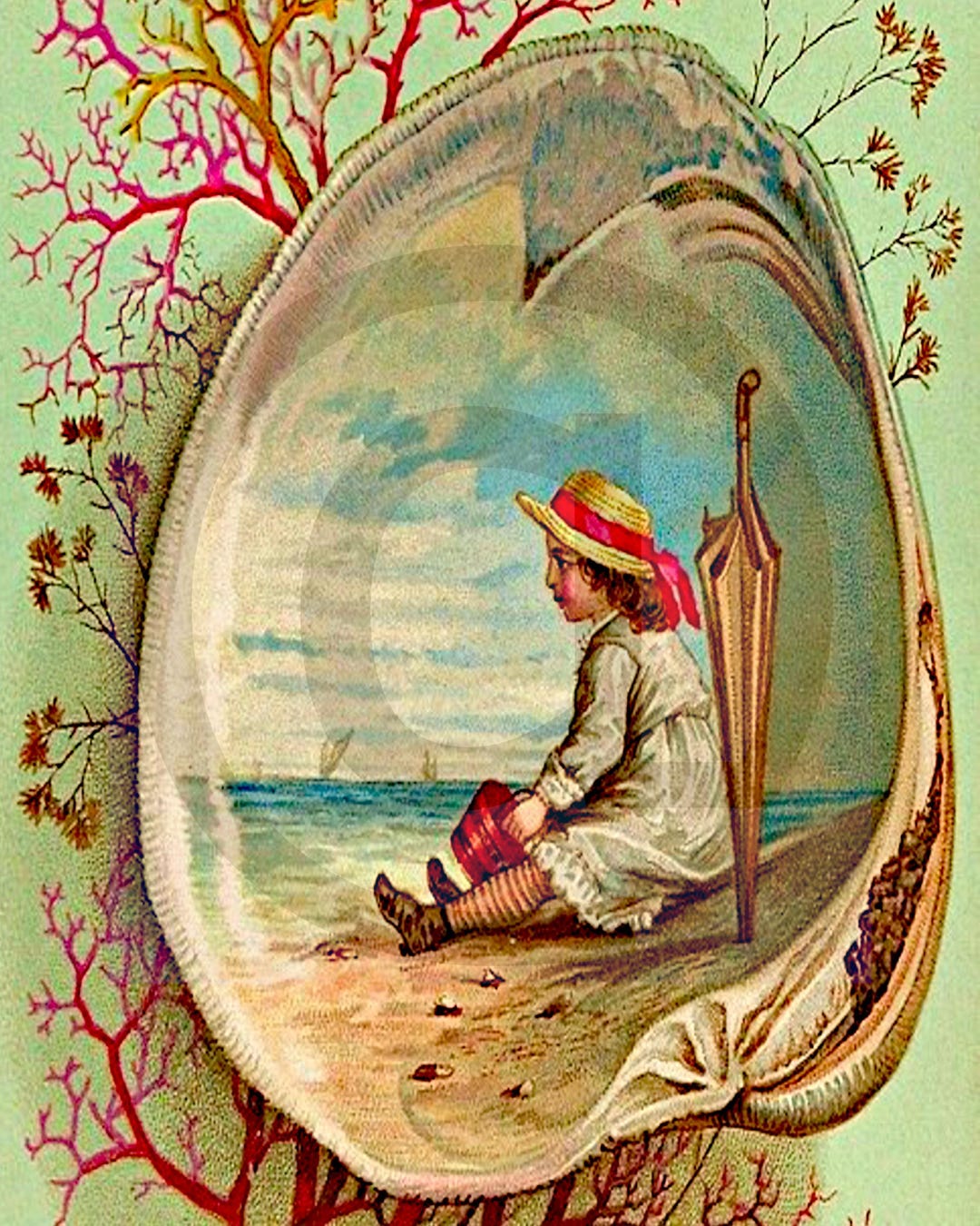 Seashell Girl on Beach Vintage Art Image (digital Download) - Etsy