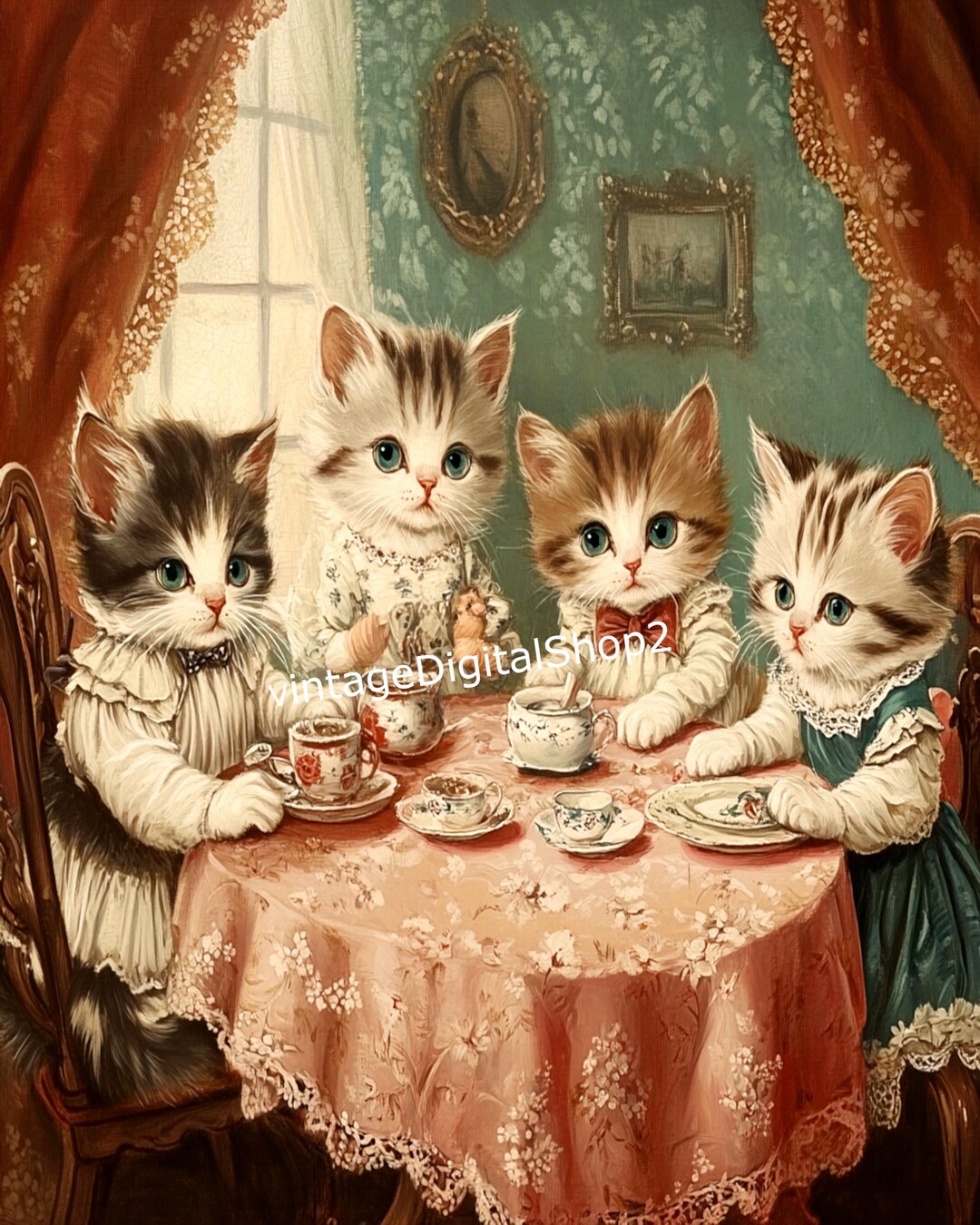 Victorian Kittens Having Tea Vintage Downloadable, Printable Digital ...