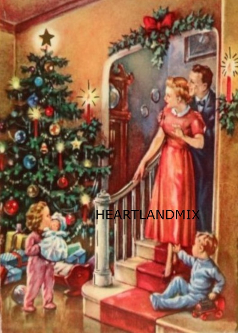VINTAGE CHRISTMAS MORNING Family and Tree Digital Image - Etsy
