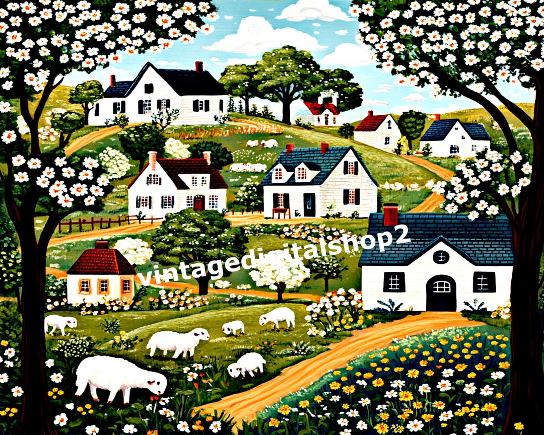Folk Art Village in Spring Time Digital Image Wall Art Download ...