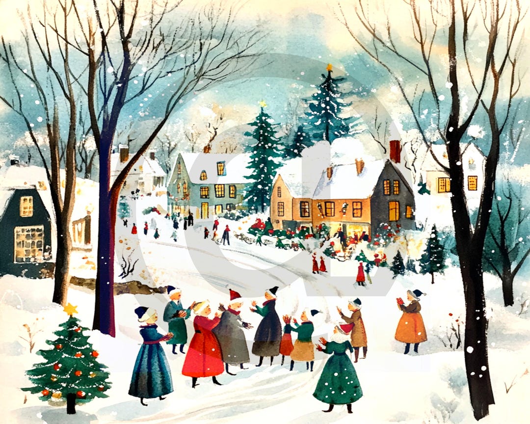Vintage Retro Mid Century Christmas Village and Carolers Scene Image ...