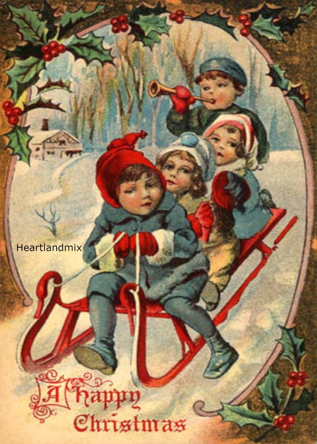 Vintage Victorian Children SLEDDING Christmas Winter Wall Art - Etsy