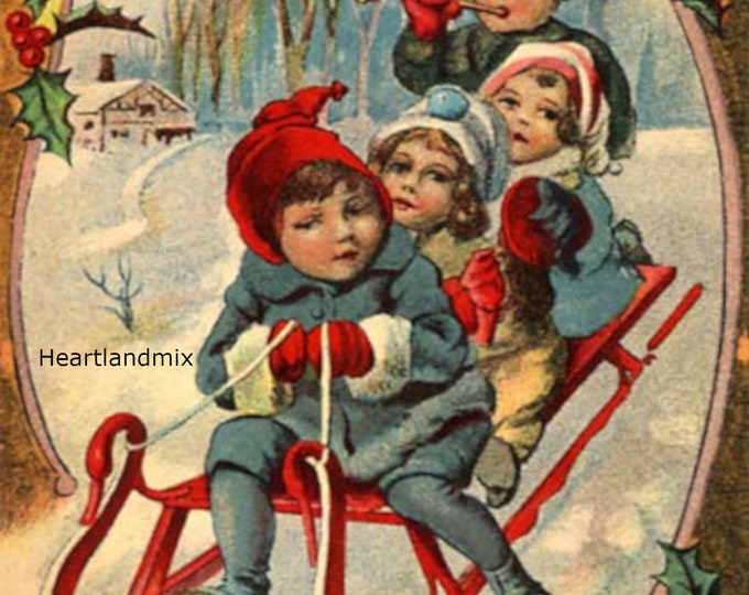 Vintage Victorian Children SLEDDING Christmas Winter Wall Art - Etsy