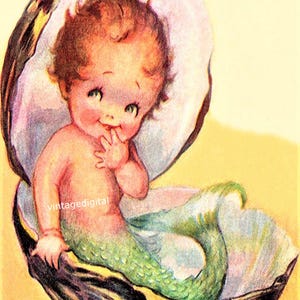 Vintage Baby Mermaid in Clam Shell Nautical Digital Instant Download ...