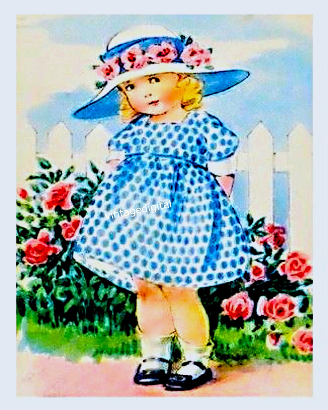 Children's Spring Time Graphic Girl in Blue Dress With Pretty Hat ...