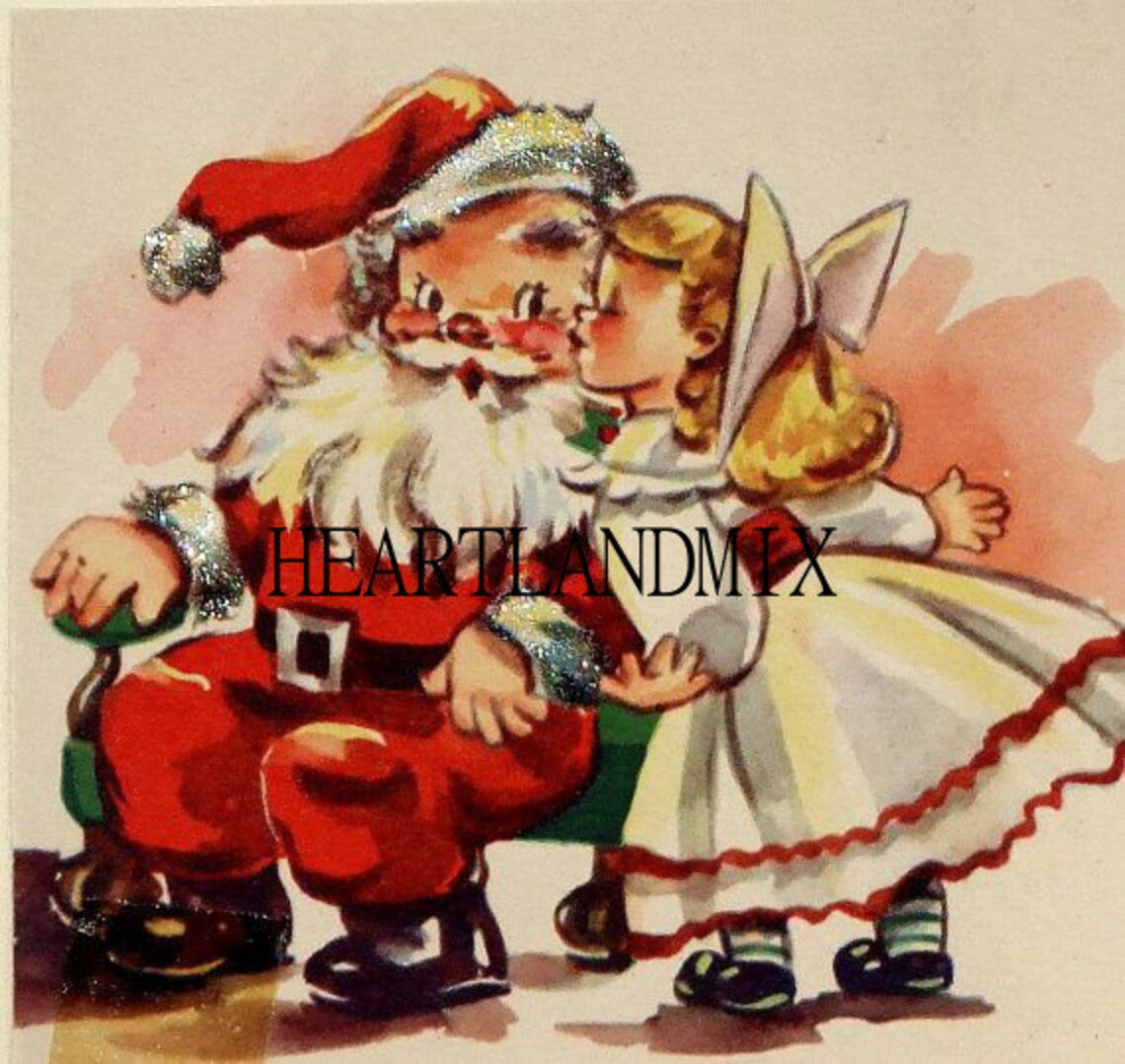 Kisses for Santa Vintage Christmas Image Glittery Santa Hat | Etsy