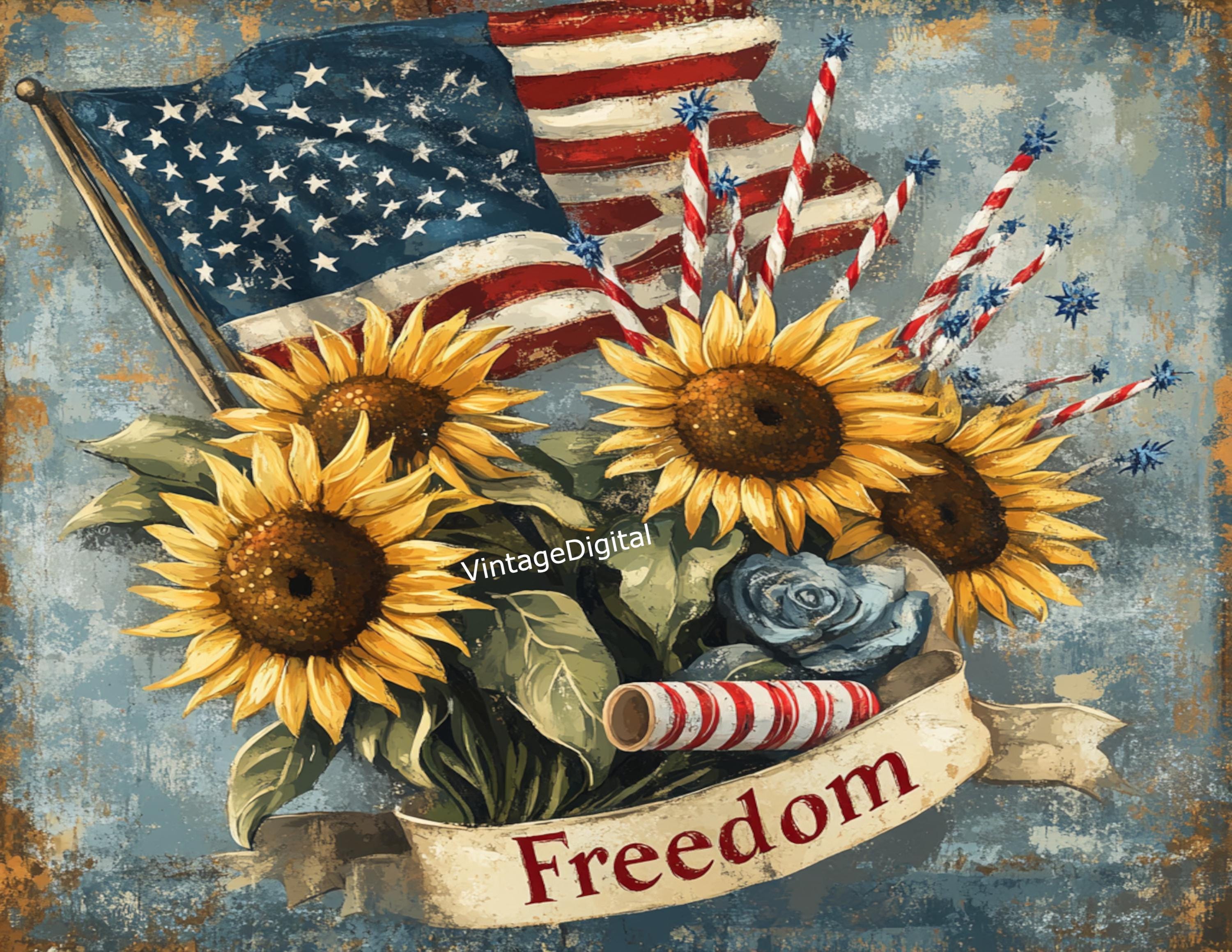 FOUR Patriotic Freedom Flag Printable: Vintage Farmhouse Decor (instant ...