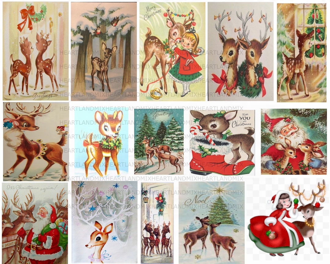 Vintage Christmas Antique Reindeer Retro Collage Home Print Decor/wall ...