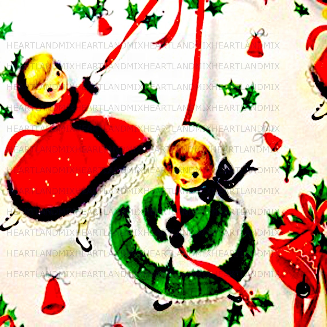 Christmas Wrapping Paper Digital Image Girls Bells Ribbons - Etsy