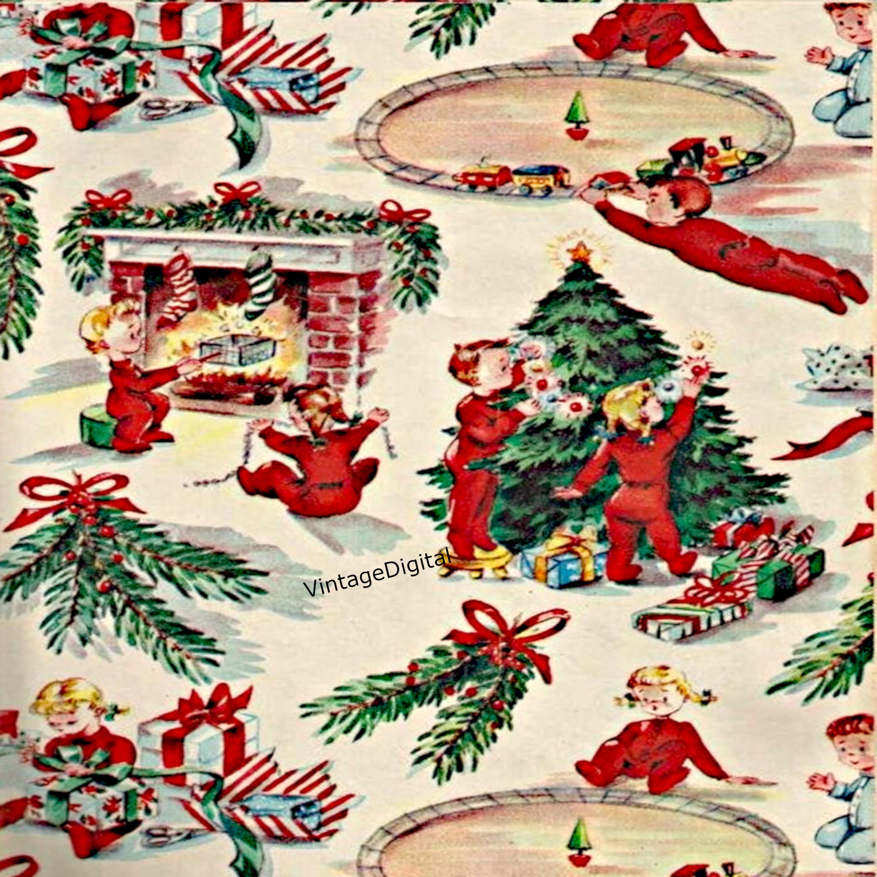 Vintage Christmas Wrapping Paper Image: Retro Kids Decorating (digital ...