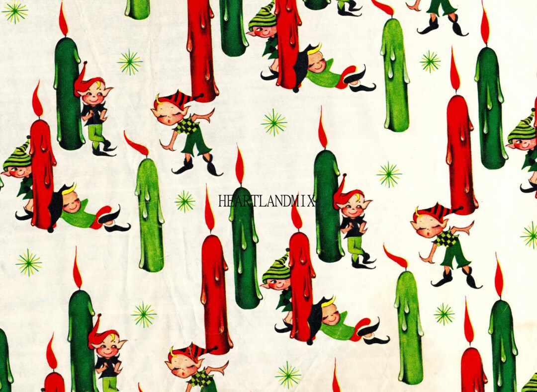Vintage Christmas Elves and Candle Sticks Wrapping Paper Elf Digital ...
