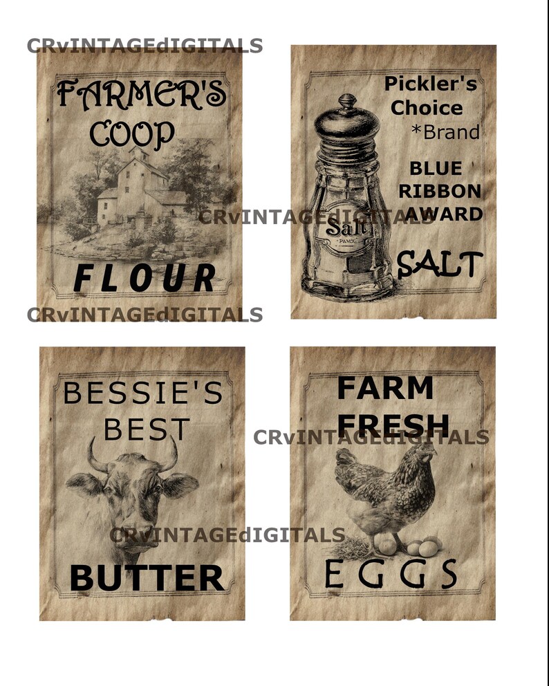 Set of TEN Vintage Primitive Farmhouse Pantry Labels, Hang Tags Digital ...