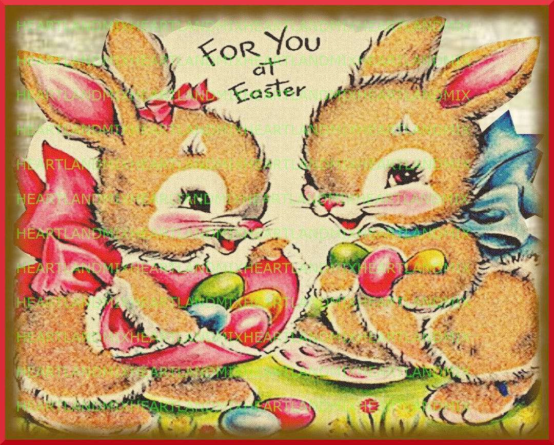Vintage Rabbits With Colored Easter Eggs Digital Image Download ...