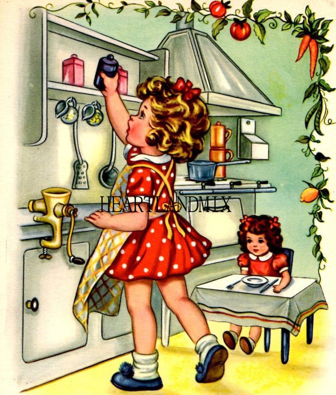Vintage Kitchen Art: Little Girl Cooking Illustration (digital Download ...