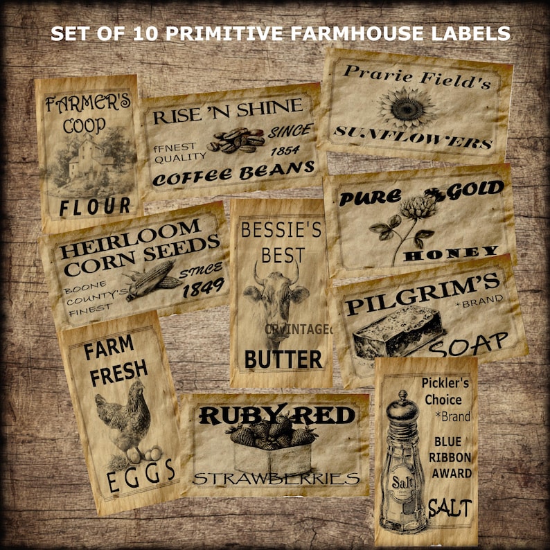 Set of TEN Vintage Primitive Farmhouse Pantry Labels, Hang Tags Digital ...
