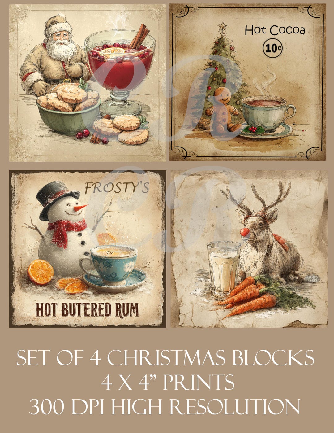 Vintage Farmhouse Country Christmas BLOCK SET 4 Download Printable ...