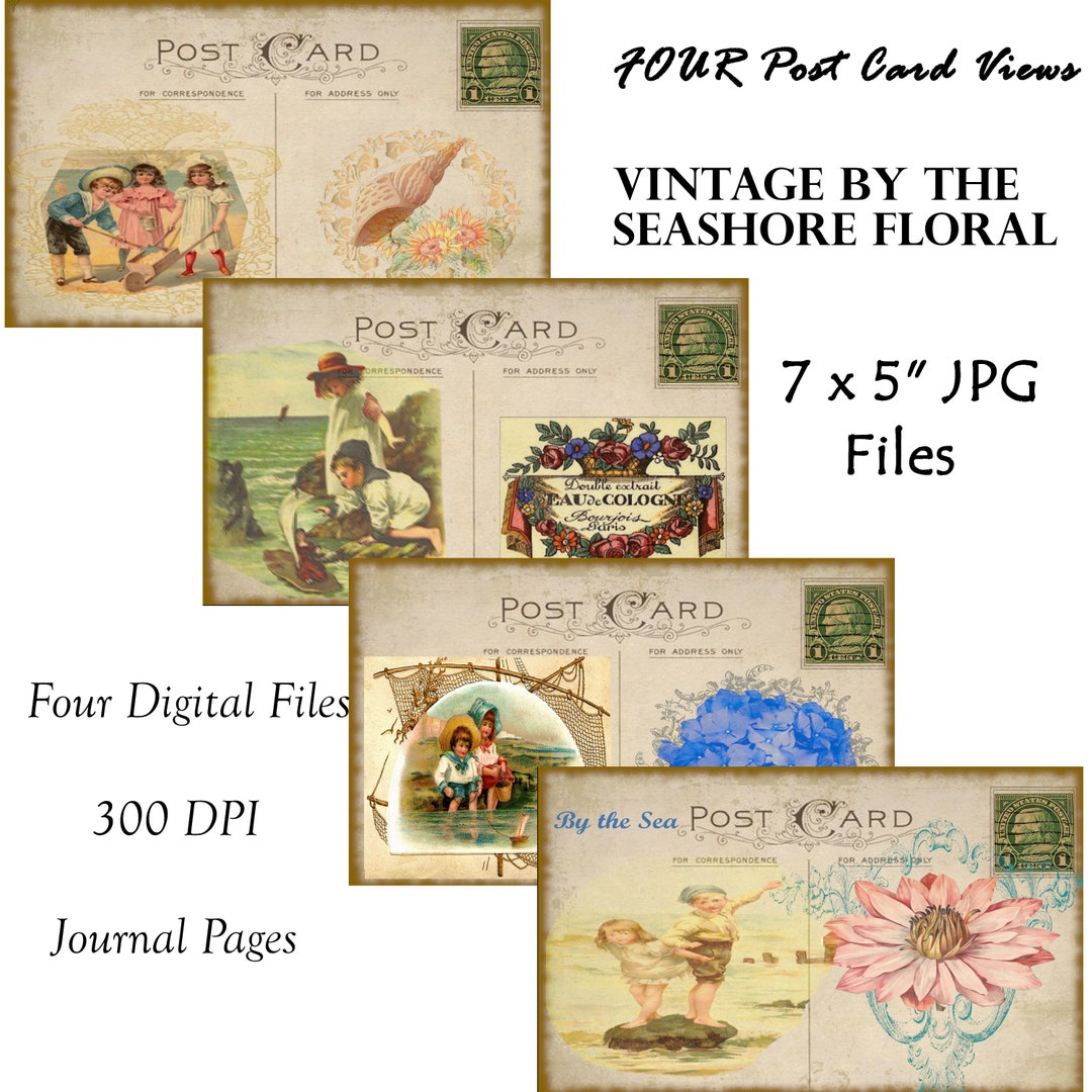 Four Vintage Seashore Post Cards With Floral Designs Wall - Etsy
