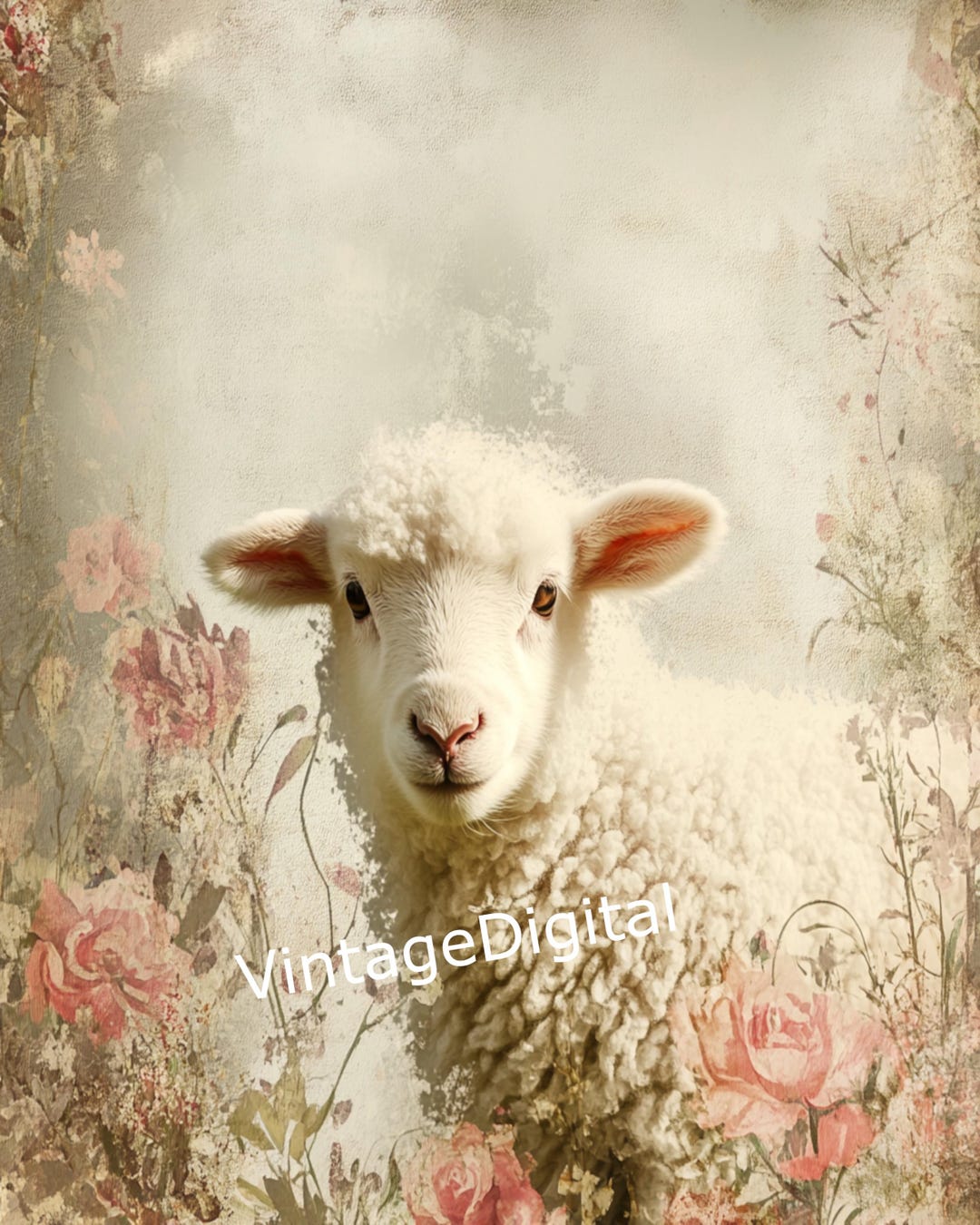 Vintage Lamb Spring Wall Art: Farmhouse Floral Digital Image (printable ...
