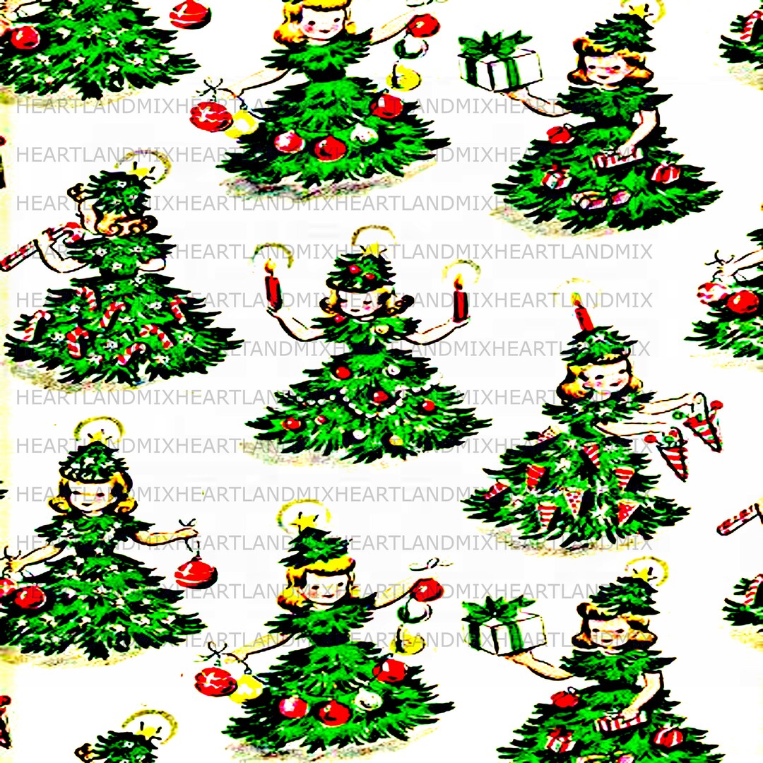 Christmas Tree Girl Vintage Christmas Paper Digital Image Wallpaper ...