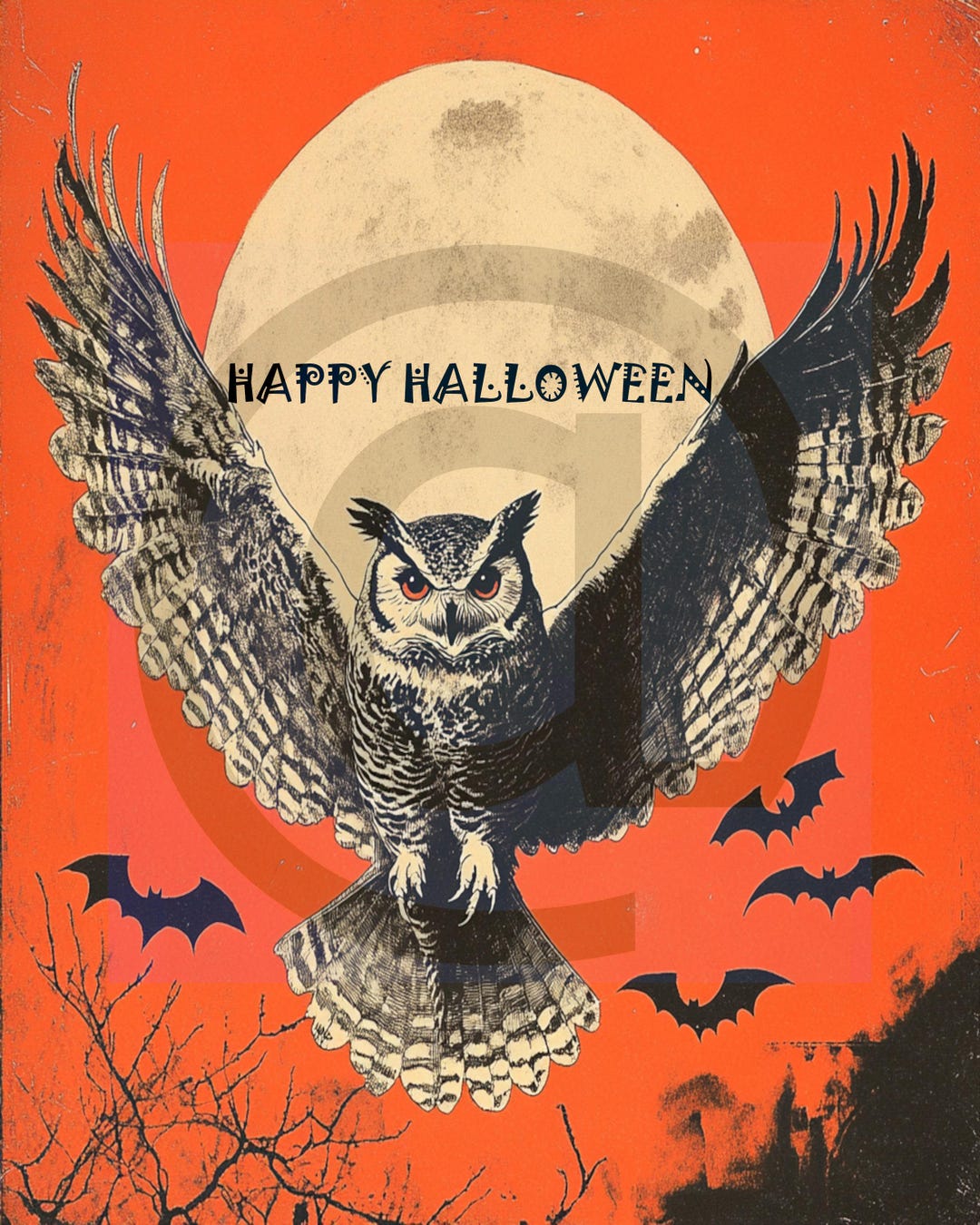 Vintage 1920s Happy Halloween OWL and BATS Illustration DIGITAL ...