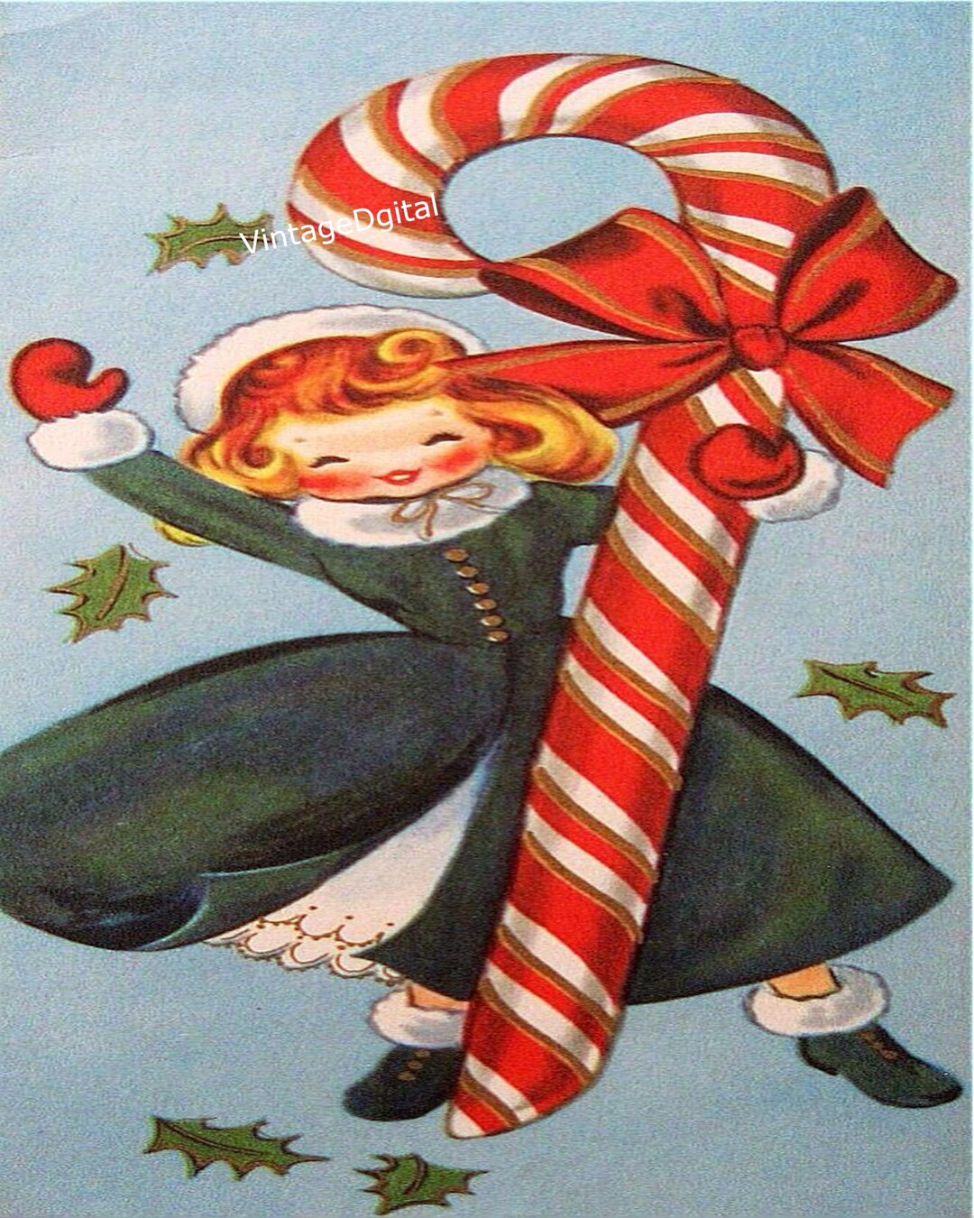 GIRL With LARGE Candy CANE Vintage Christmas Image Digital Printable ...