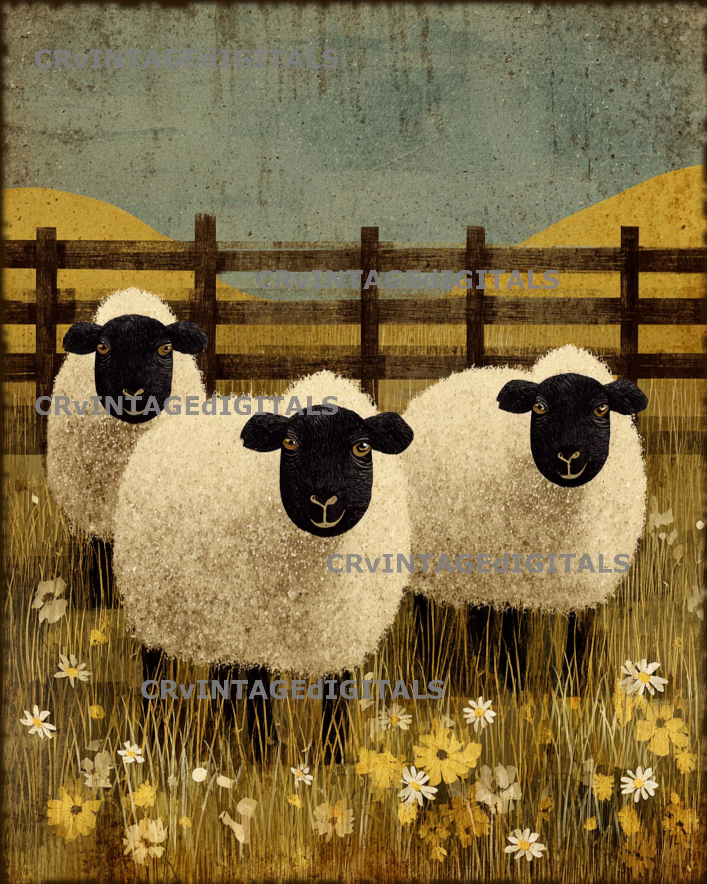 Primitive Folk Art Sheep Farm Printable Digital Download - Etsy