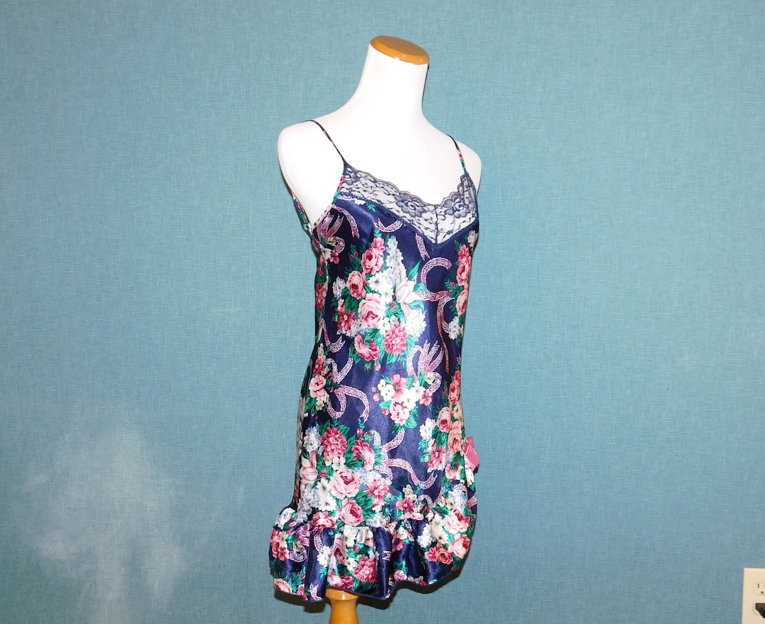 Pretty NAVY Blue Floral SATIN and Lace SLIP Chemise Nightie Nighty ...