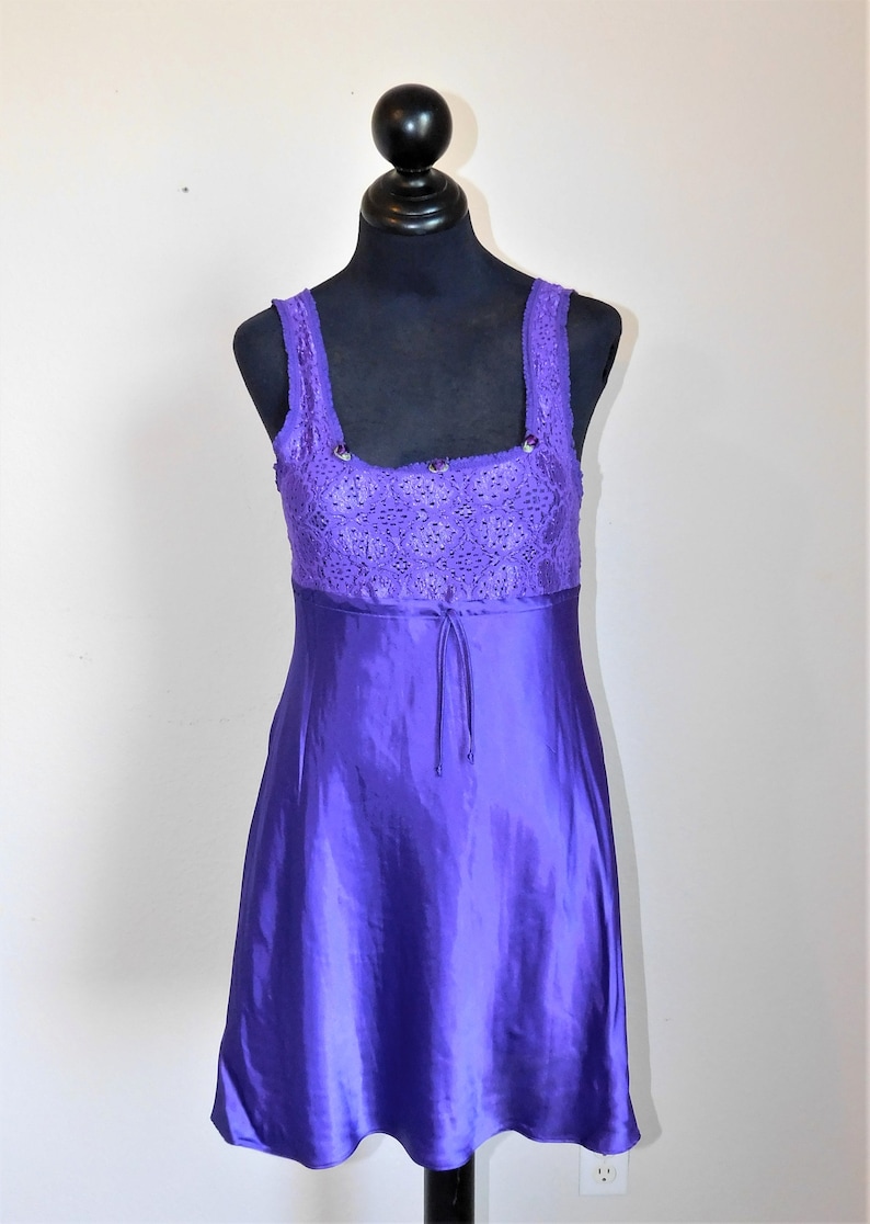 PURPLE SATIN and Stretch Lace NIGHTIE Nighty Short Nightgown - Etsy