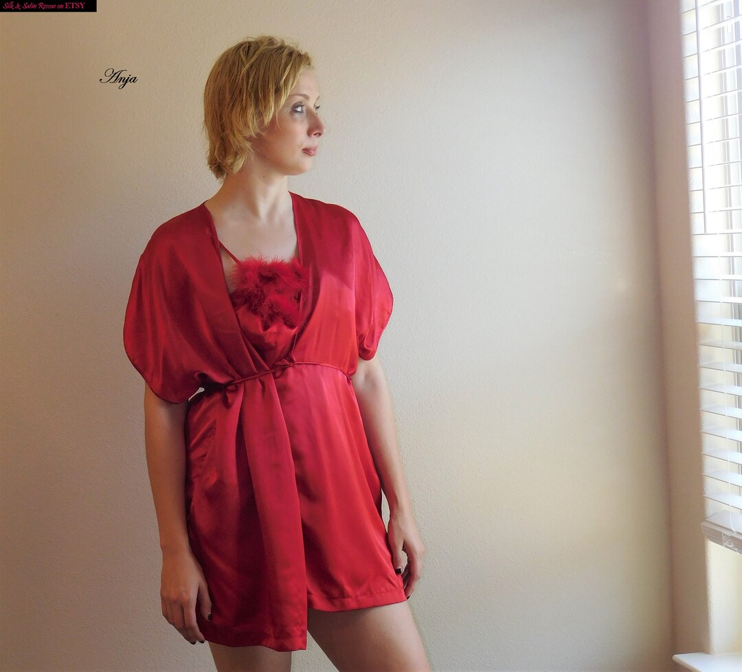 RED SATIN KIMONO Style Short Robe Cover up Dressing Gown Intimate Moods ...