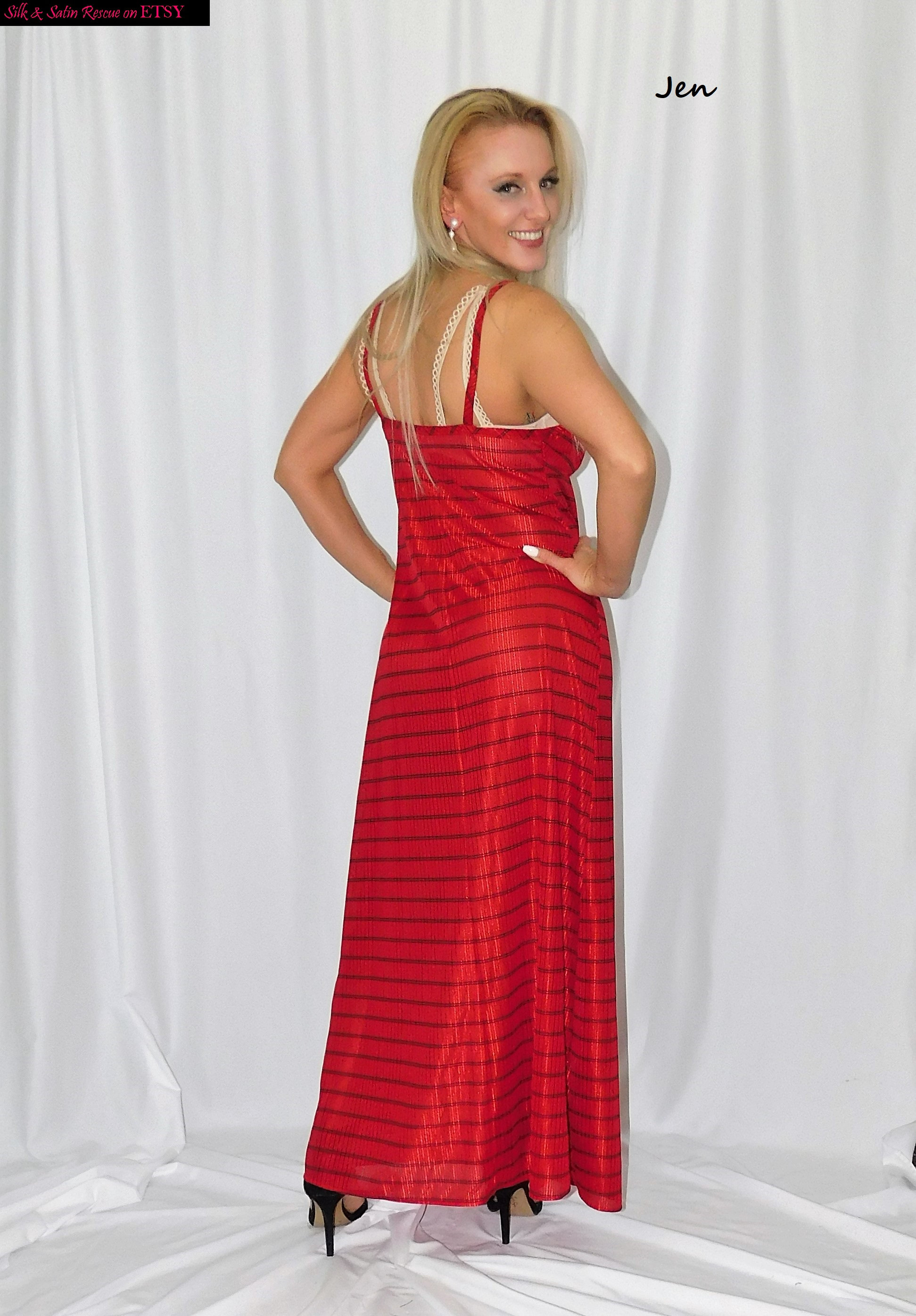 RED and Black Pin Striped Long HOLIDAY NIGHTGOWN Nightdress Gown ...