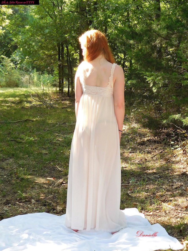 OLGA SHEER Princess Pink Blush NIGHTGOWN Negligee 60's Nylon Lace Night ...