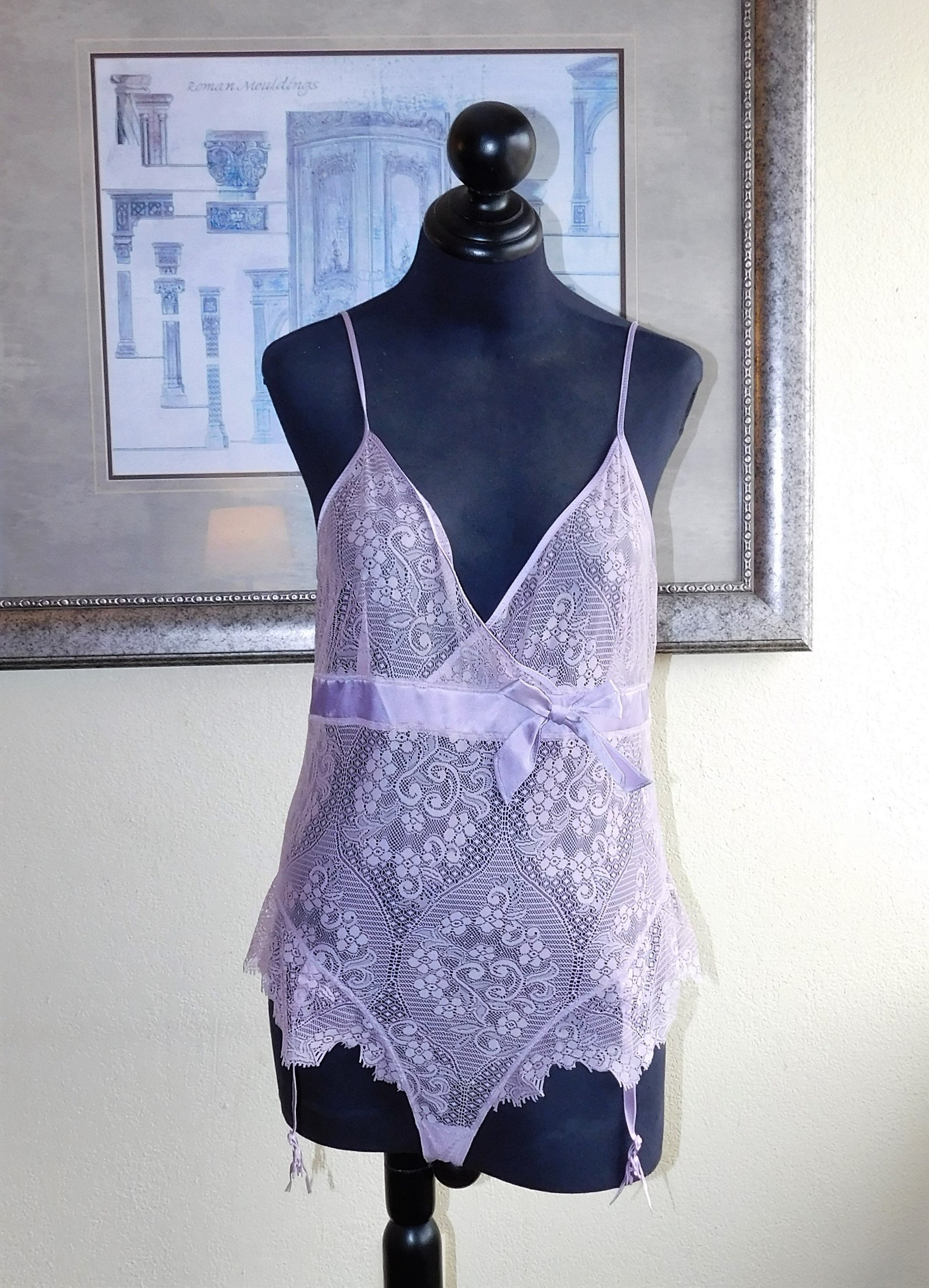Lavender PURPLE Sheer Lace Thong TEDDY Teddie Onesie Bodysuit ...