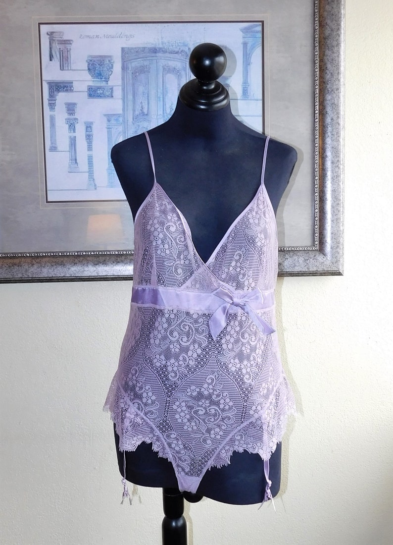 Lavender PURPLE Sheer Lace Thong TEDDY Teddie Onesie Bodysuit ...